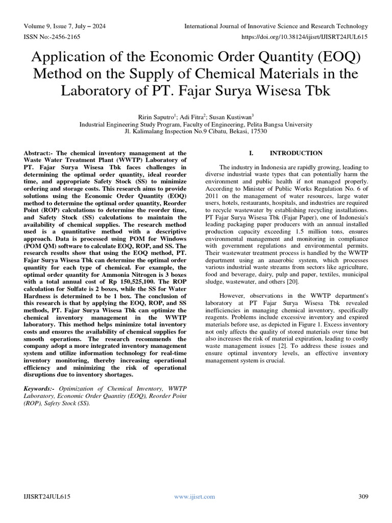 Application of The Economic Order Quantity (EOQ) Method On The Supply ...