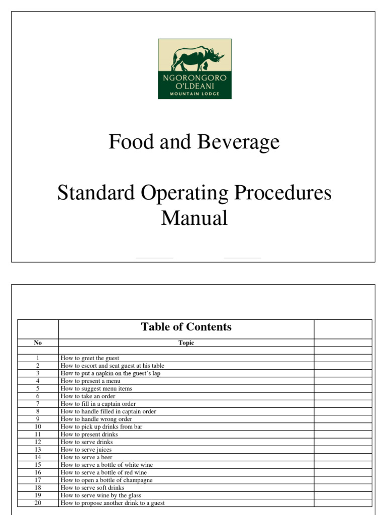 Food and Beverage SOP | PDF | Menu | Waiting Staff
