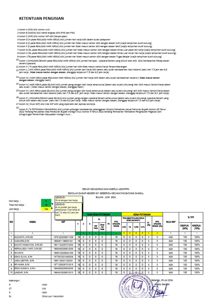 Rekap Absen Format 2024 SDN 001 Seberida Juni | PDF