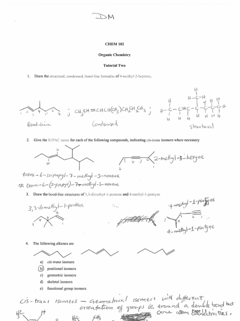 CHEM 102 Organic Chemistry Tutorial Two Solutions-Unsaturated ...