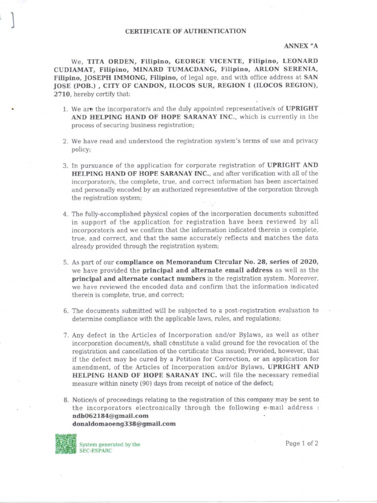 Certificate of Authentication | PDF