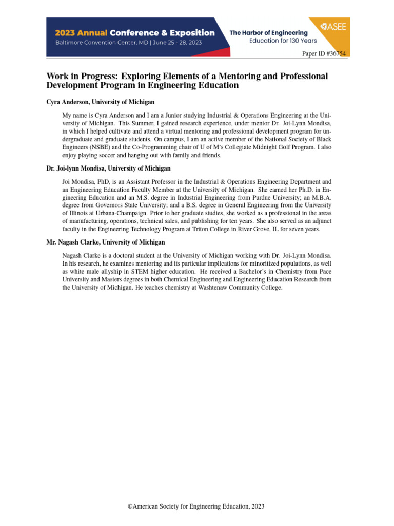 Work in Progress Exploring Elements of A Mentoring and Professional Development Program in ...
