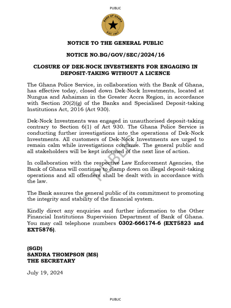 Closure of Dek-Nock Investments Notice | PDF
