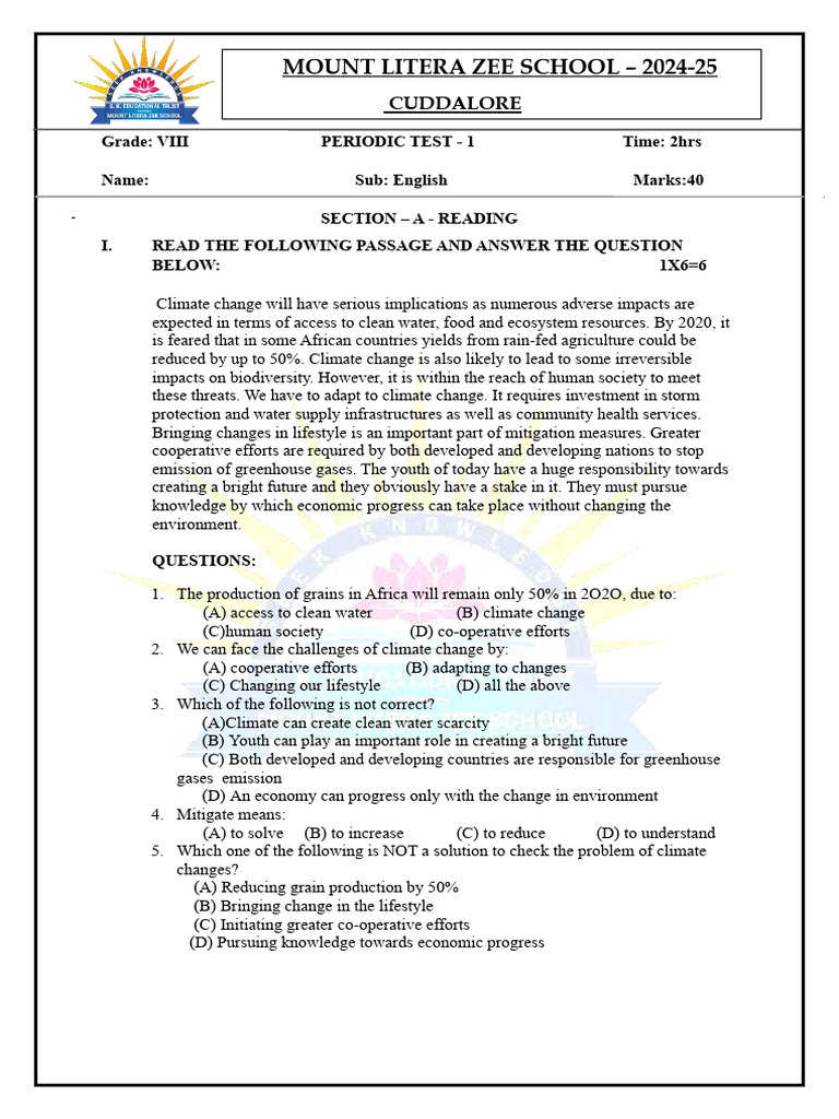 Grade 8 English Exam Paper 2025 | PDF | Climate Change | Climate Change ...