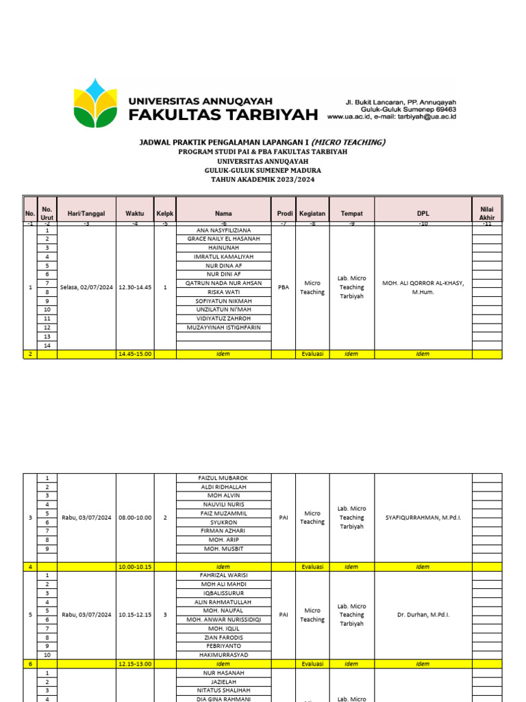 jadwal microteaching prodi PAI & PBA 2024 | PDF