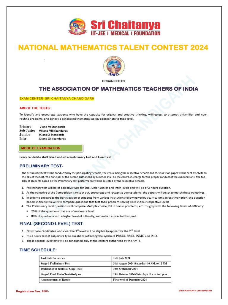 NMTC 2024 Exam Details and Schedule | PDF | Qualifications