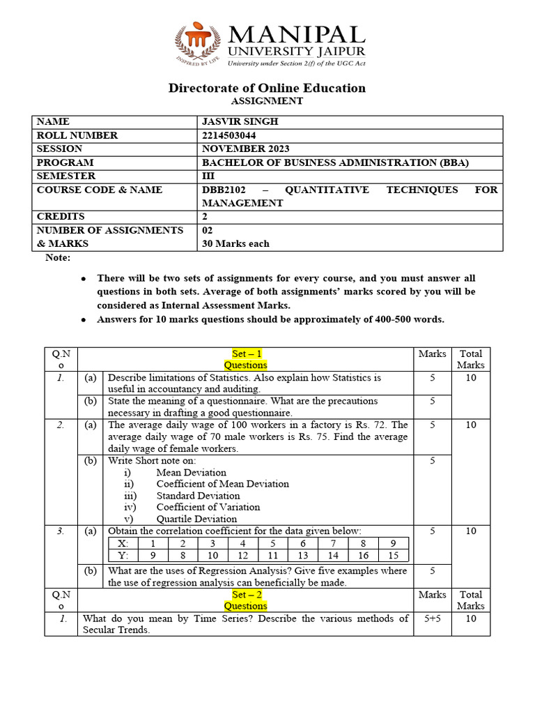 Assignment - DBB2102 - BBA 3 - Set-1 and 2 - Nov - 2023 | PDF | Statistics | Sampling (Statistics)