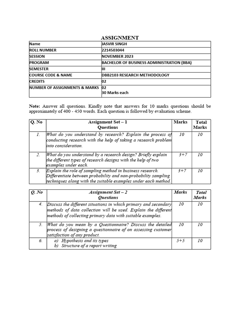 Assignment - DBB2103 - BBA 3 - Set 1 and 2 - Nov 23 | PDF | Sampling (Statistics) | Hypothesis