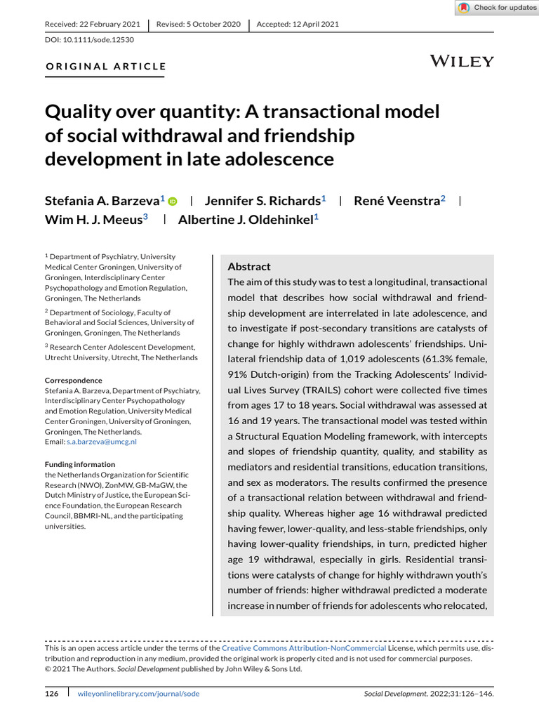 Social Development - 2021 - Barzeva - Quality Over Quantity A ...