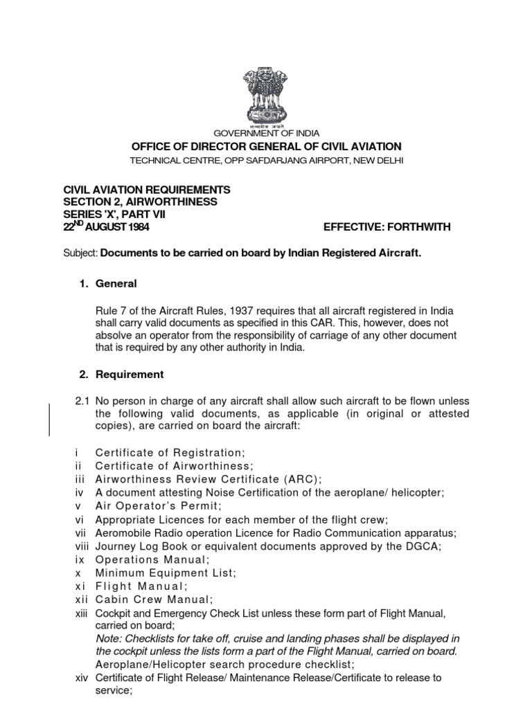 Documents To Be Carried On Board by Indian Registered Aircraft. | PDF ...