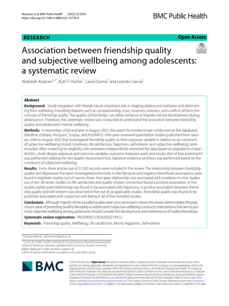 Association Between Friendship Quality and Subjective Wellbeing Among ...