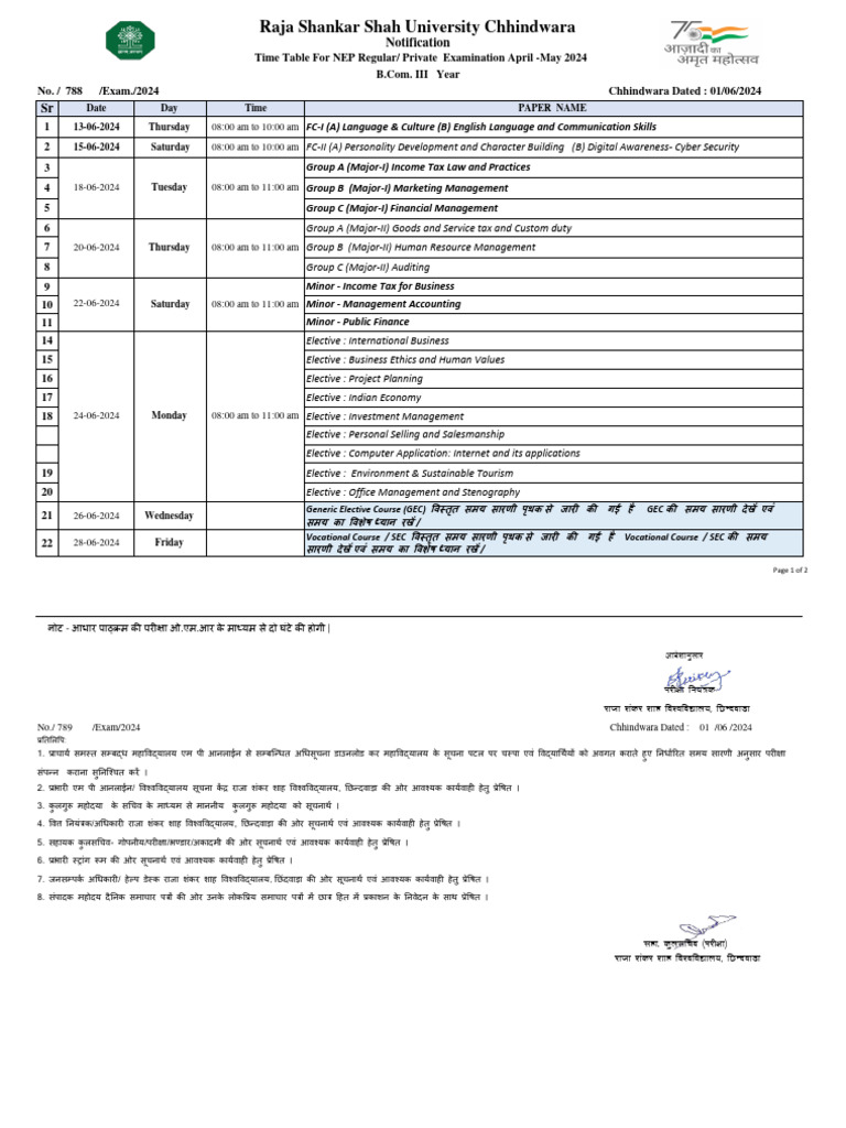 III Year Time Table 2024 | PDF