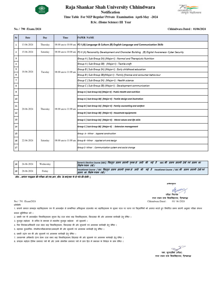NEP BHSC III Year Time Table 2024 | PDF