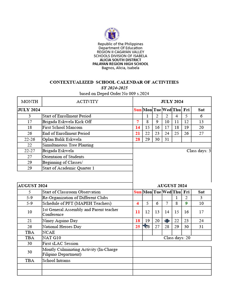 Customized School Calendar 2024-2025 | PDF | Philippines