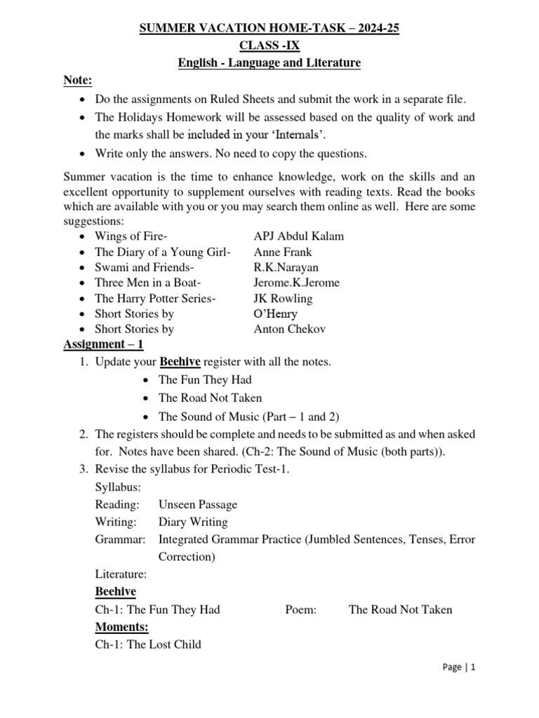 Summer HHW - English - Class 9 - 2024-25 | PDF | General Fiction