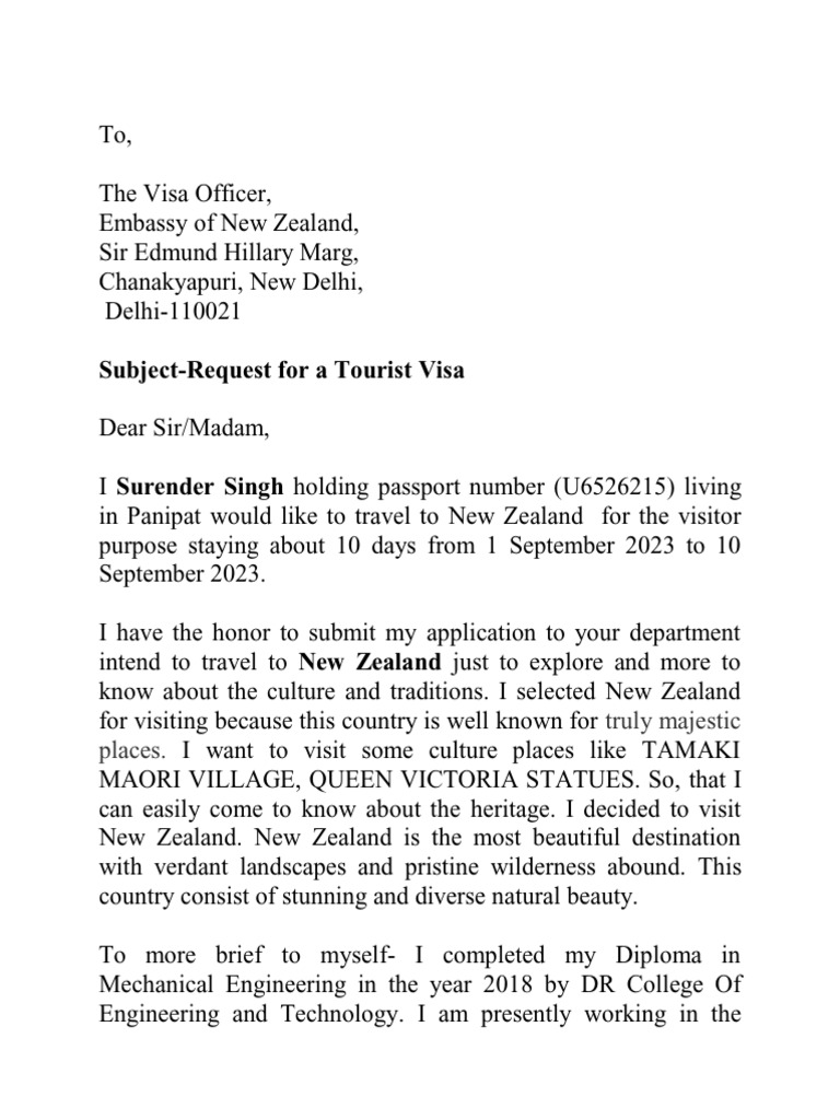Personl Letter New Zealand | PDF | Travel Visa