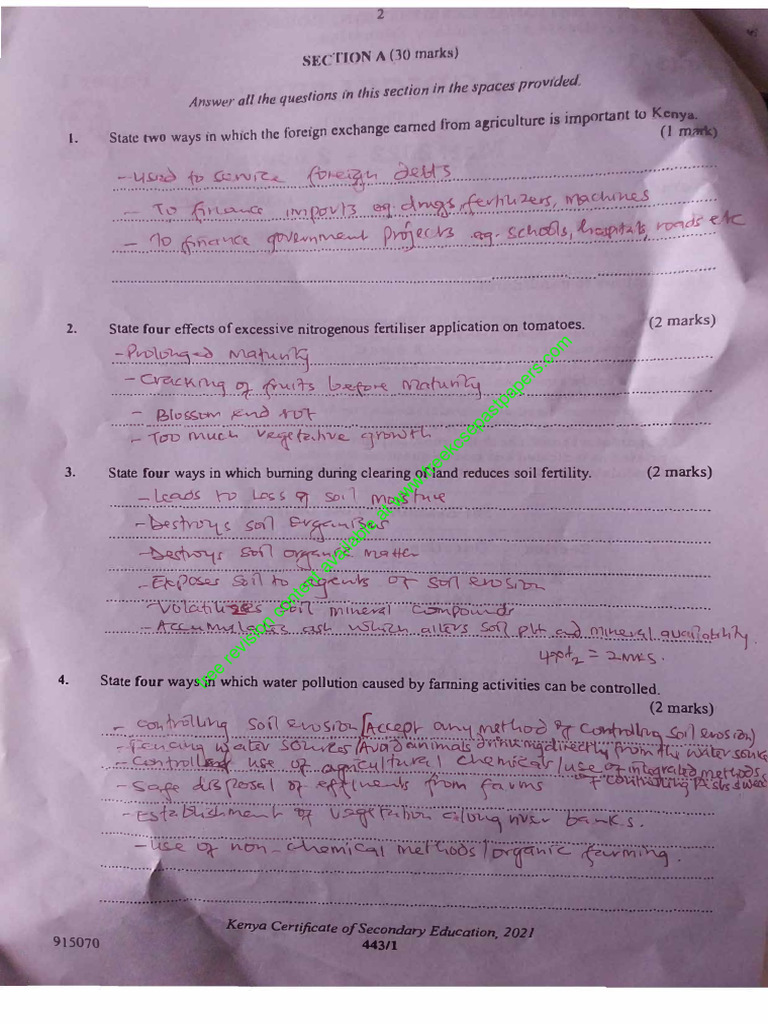 2021 KCSE Agriculture Paper 1 Marking Scheme | PDF