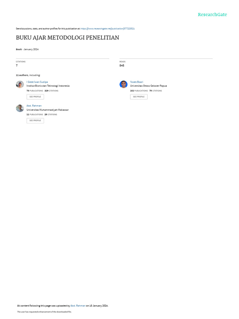 Buku Ajar Metodologi Penelitian: January 2024 | PDF | Karier & Perkembangan
