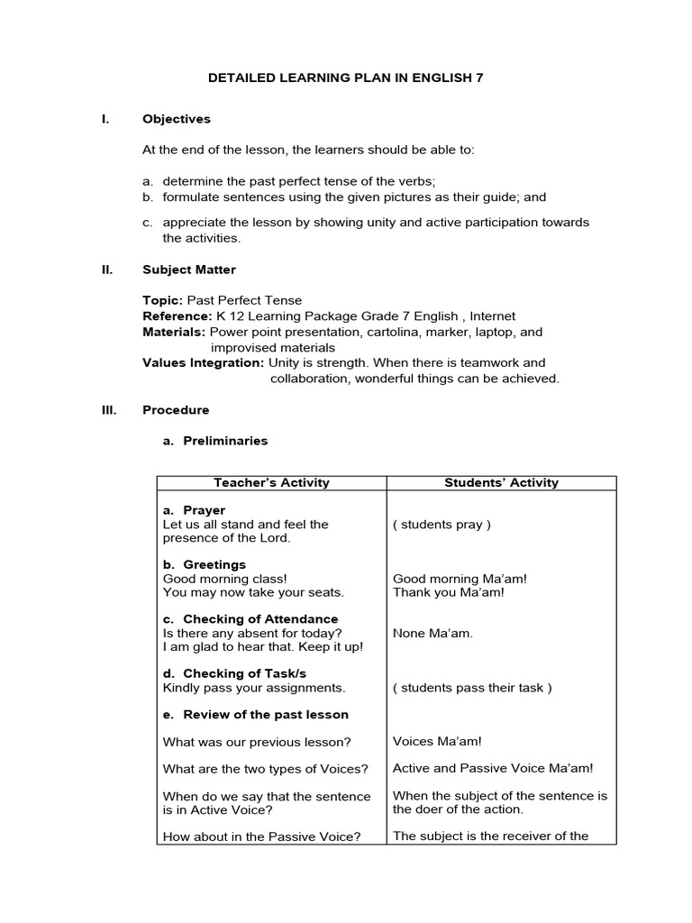 Past Perfect Tense DETAILED LEARNING PLAN IN ENGLISH 7 | PDF | Perfect ...