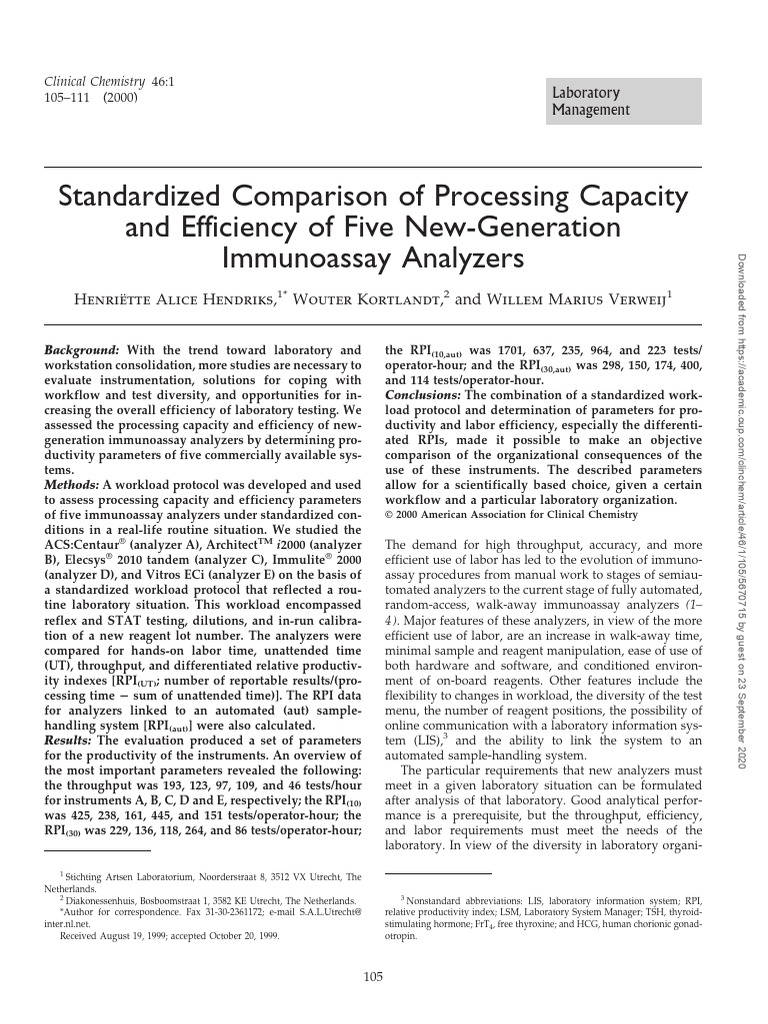 Standardized Comparison of Processing Capacity and Efficiency of Five New-Generation Immunoassay ...