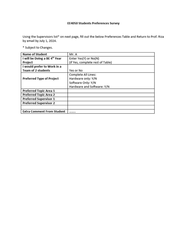 EE4050 Student Preferences Survey | PDF | Electrical Engineering ...