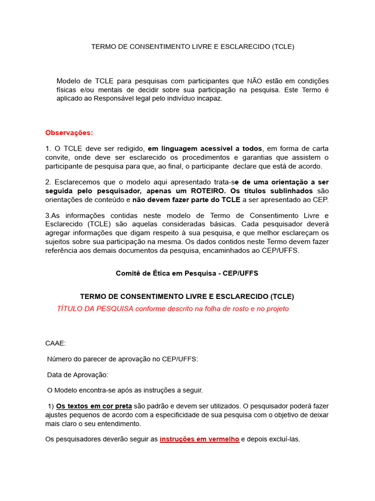 TERMO DE CONSENTIMENTO LIVRE E ESCLARECIDO (TCLE) para Pessoas ...