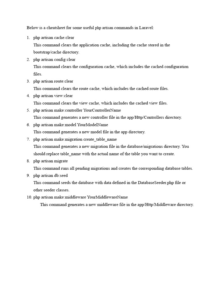 Laravel Artisan Command Cheatsheet | PDF | Home & Garden