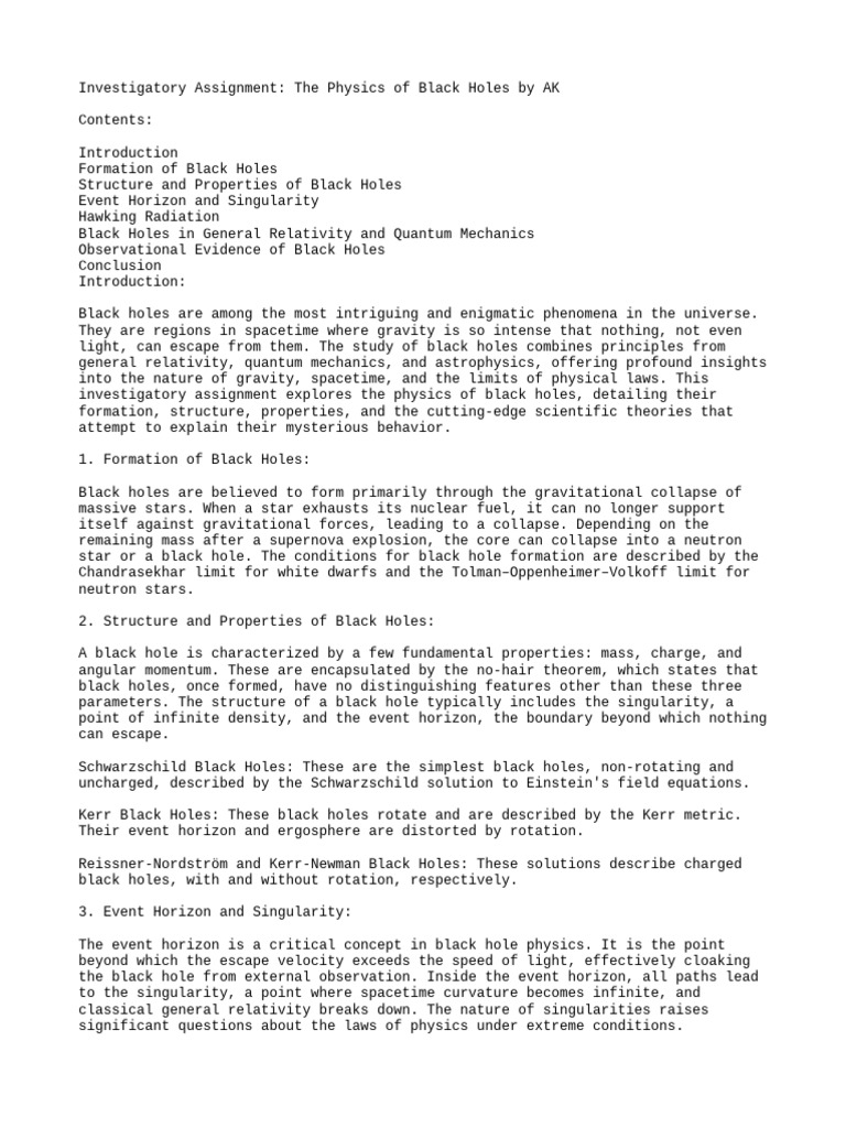 Investigatory Assignment The Physics of Black Holes by AK | PDF | Black ...