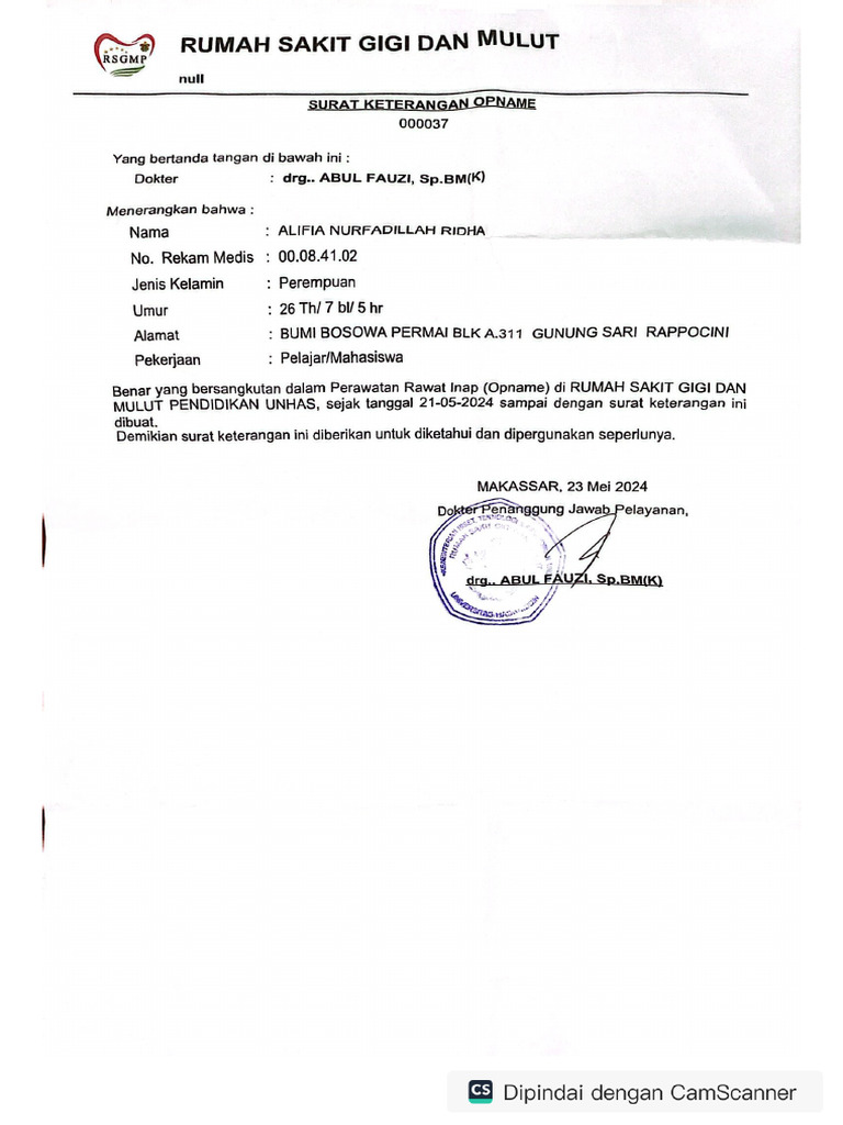 Surat Izin Opname Dan Surat Izin Sakit Alifia Nurfadillah | PDF