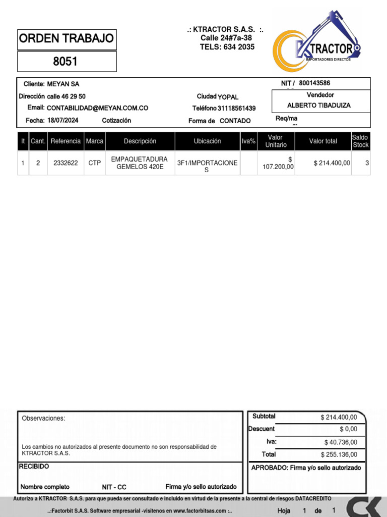 Factura de Venta KTRACTOR S.A.S. | PDF