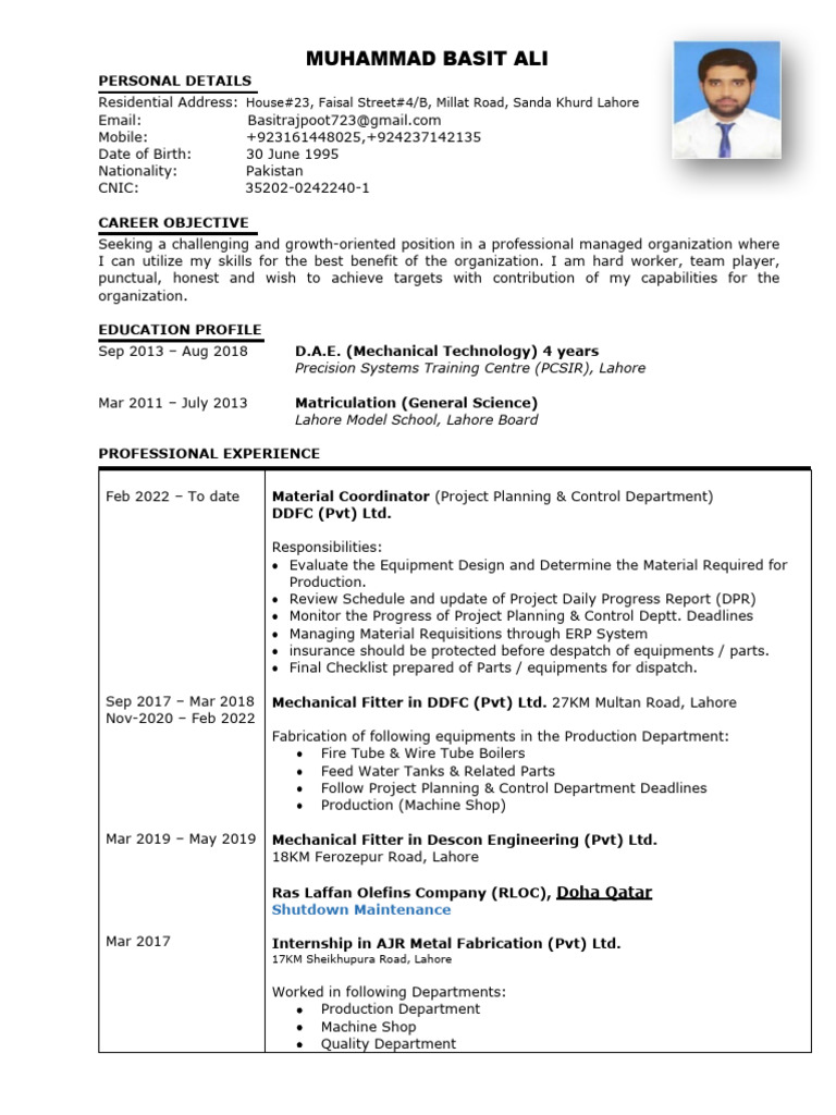 Basit CV | PDF | Engineering | Secondary Sector Of The Economy