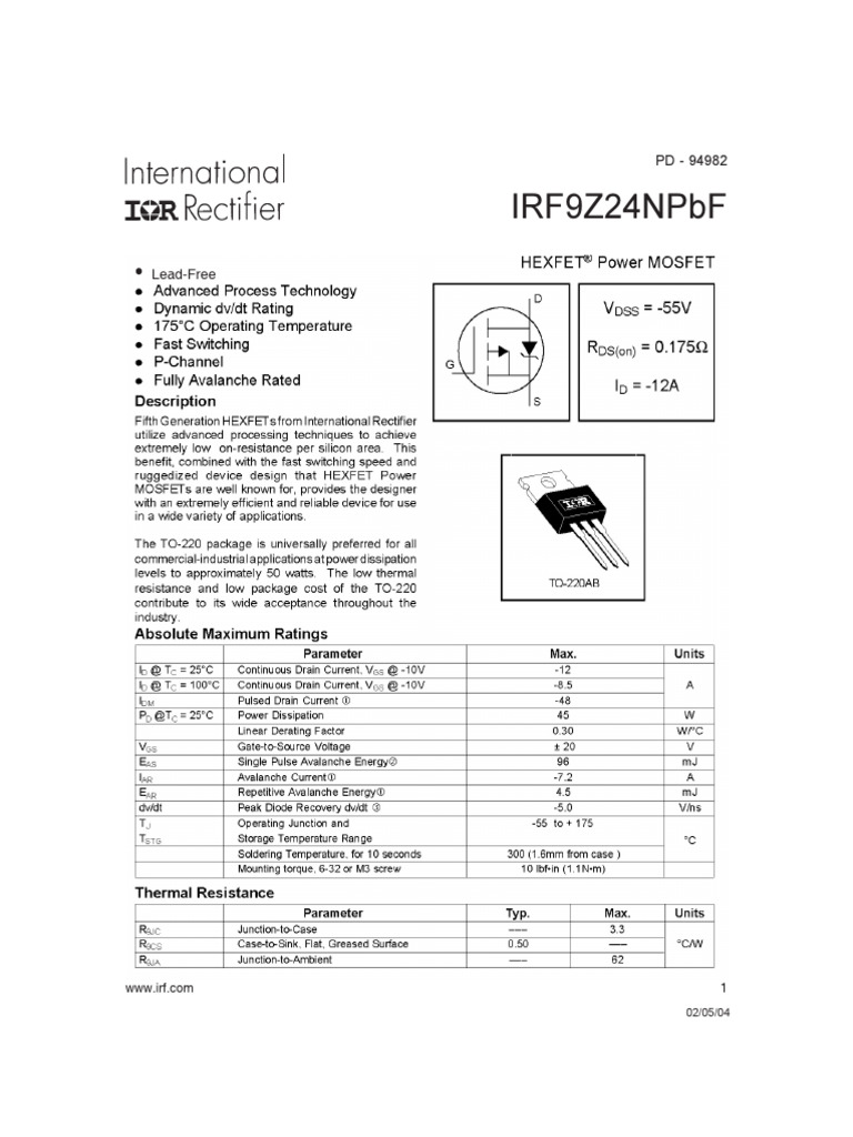 Irf 9 Z 24 NPBF | PDF | Inductance | Diode