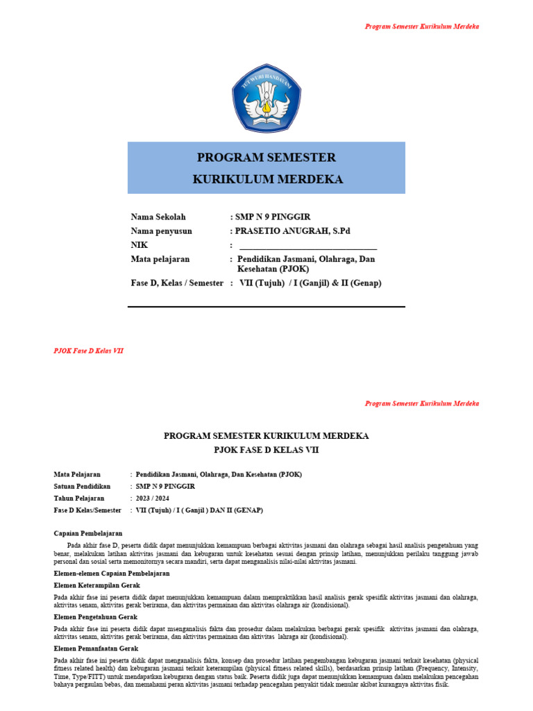 Program Semester PJOK Kelas VII 2023 | PDF