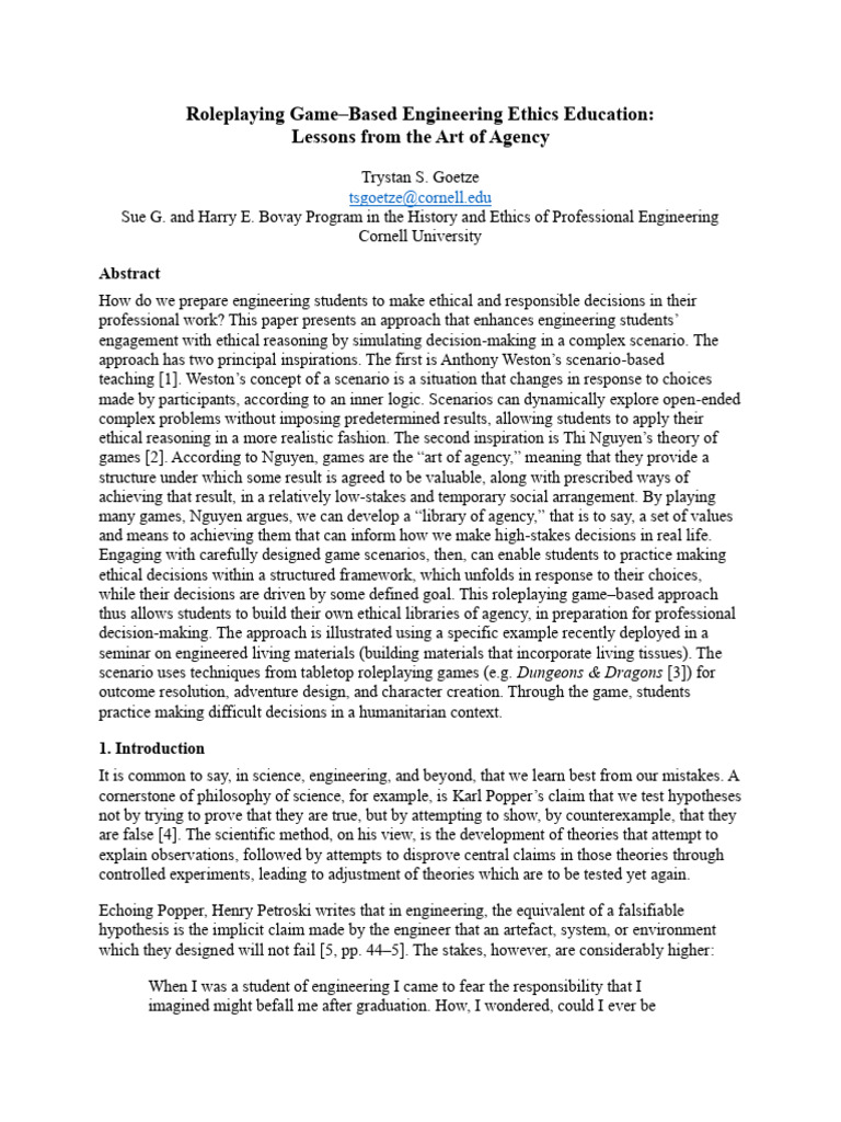 Roleplaying Game-Based Engineering Ethics Education | PDF | Tabletop Role Playing Game | Reason