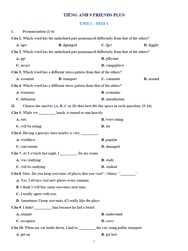Friends Plus 9 Unit 1 Test Overview | PDF | Transport | Vehicles
