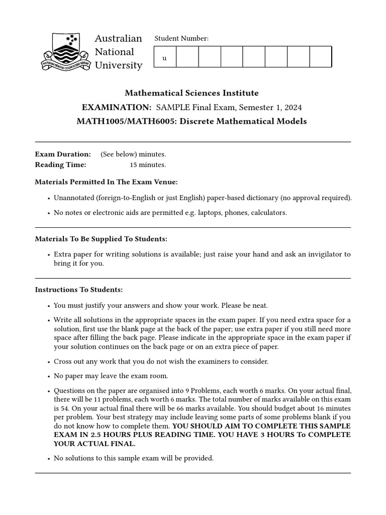 Math1005 and Math6005 Sample Final | PDF | Vertex (Graph Theory) | Mathematical Logic