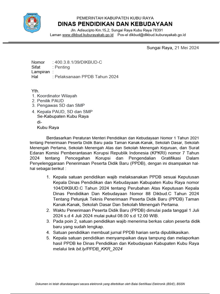 Surat Pelaksanaan PPDB Tahun Ajaran 2024 | PDF