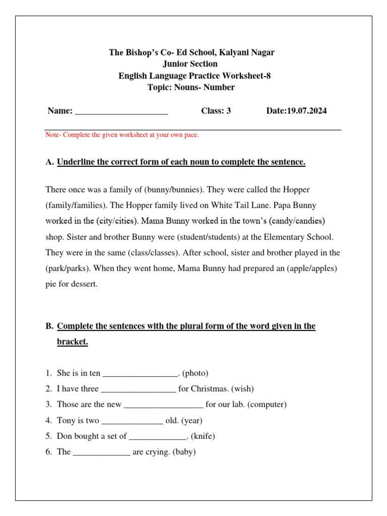 Class 3 Eng Lang Practice Worksheet 8 DT 19 TH July 24 | PDF