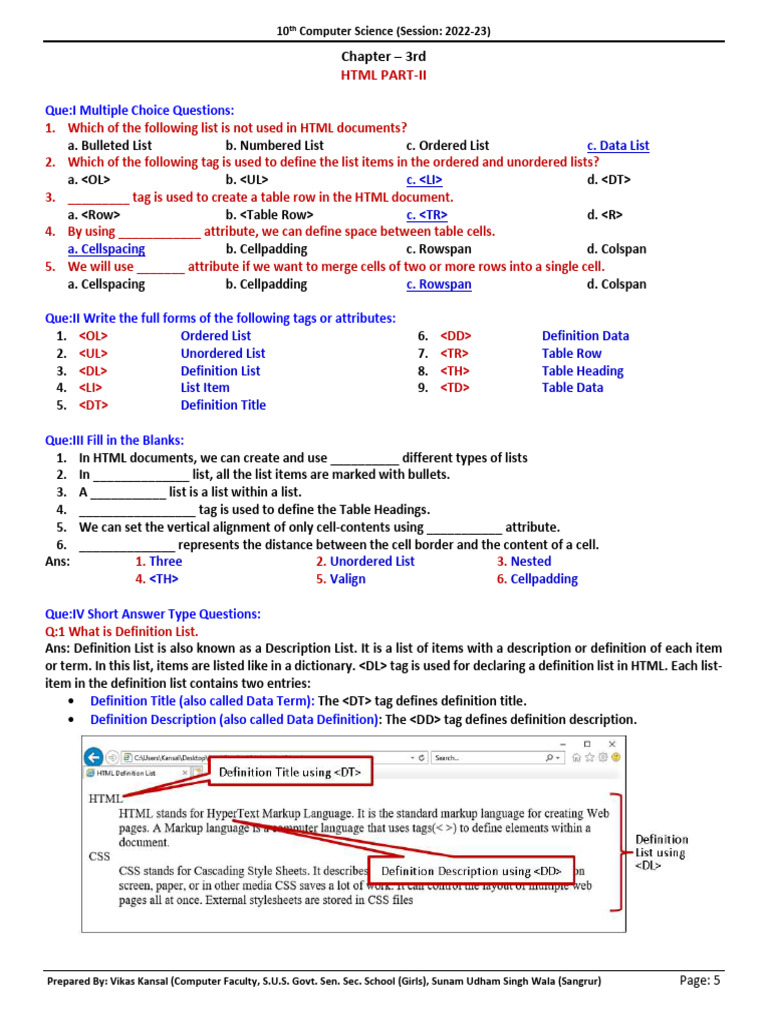 C. Data List C. C. A. Cellspacing C. Rowspan: HTML Part-Ii | PDF | Html | Html Element