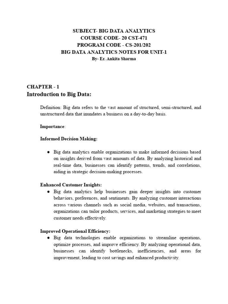 Big Data Analytics Unit - 1 Notes | PDF | Apache Hadoop | Apache Spark