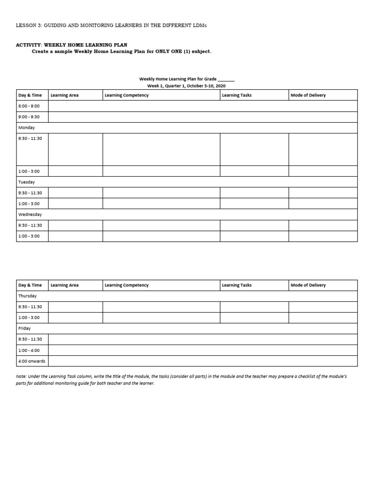 Activity Weekly Home Learning Plan | PDF