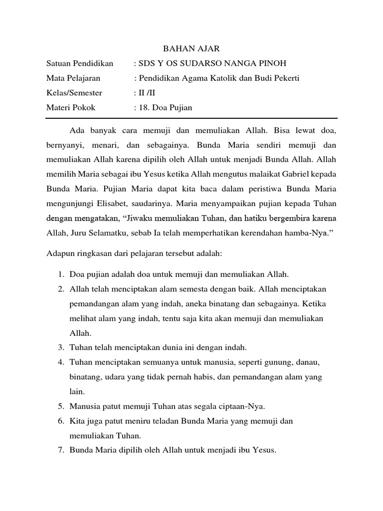 Bahan Ajar PB.18 Doa Pujian | PDF