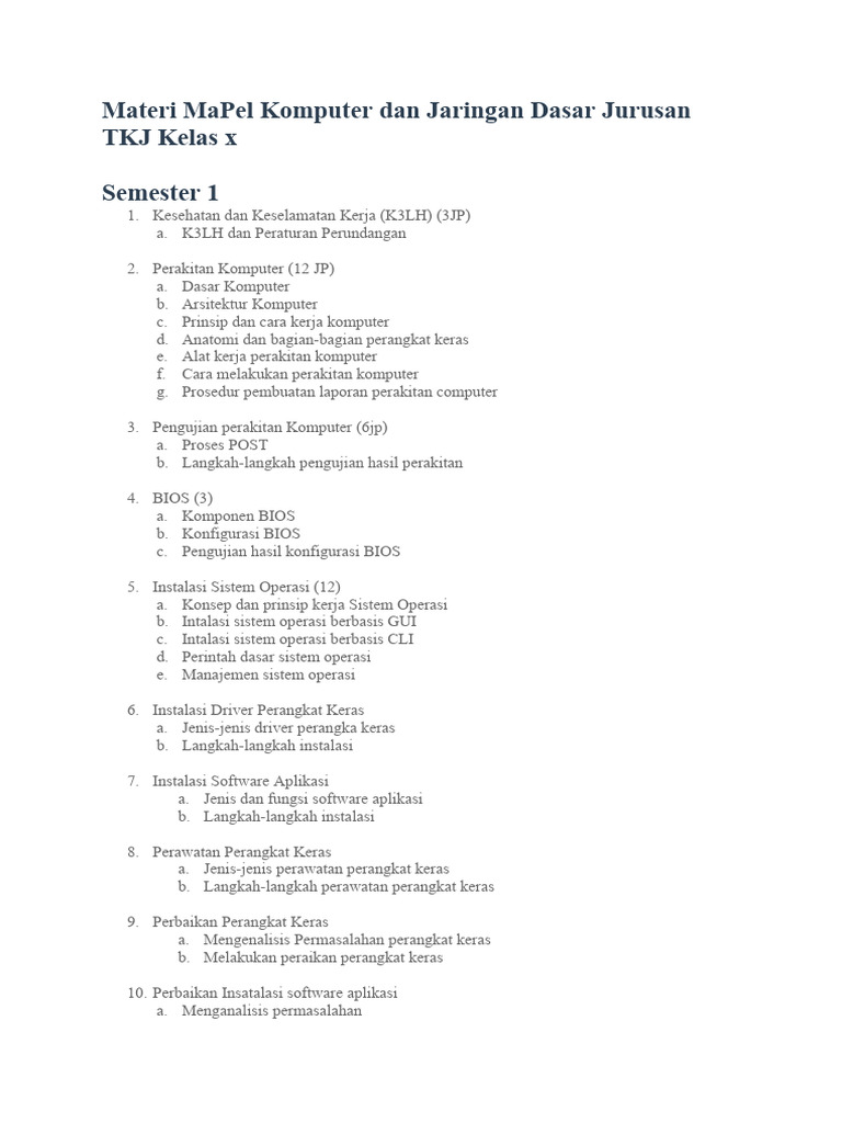 Silabus MaPel Komputer Dan Jaringan Dasar Jurusan TKJ Kelas X | PDF