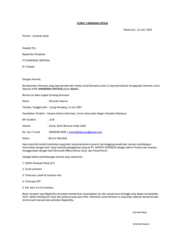Surat Lamaran Kerja | PDF