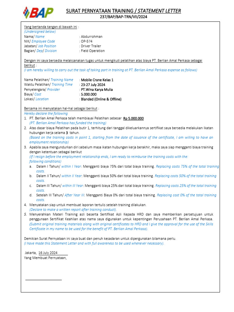 222.form Training SIO RI Mobile Crane - Abdurrohman (OP-574) | PDF | Karier & Perkembangan | Bisnis