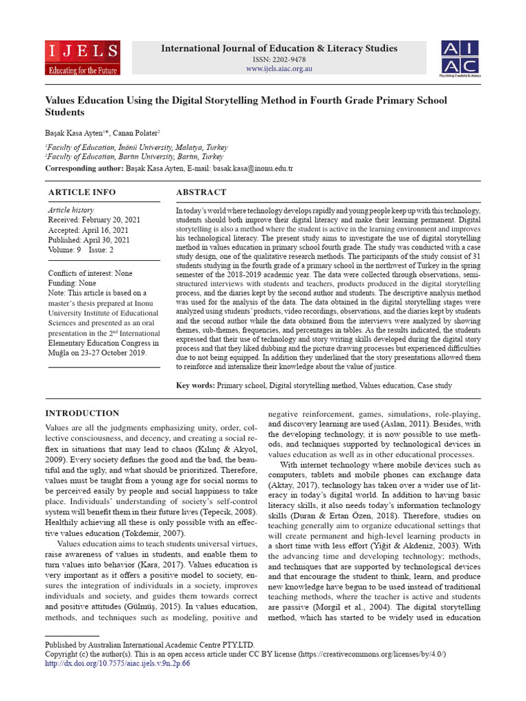 Values Education Using The Digital Storytelling Method in Fourth Grade ...