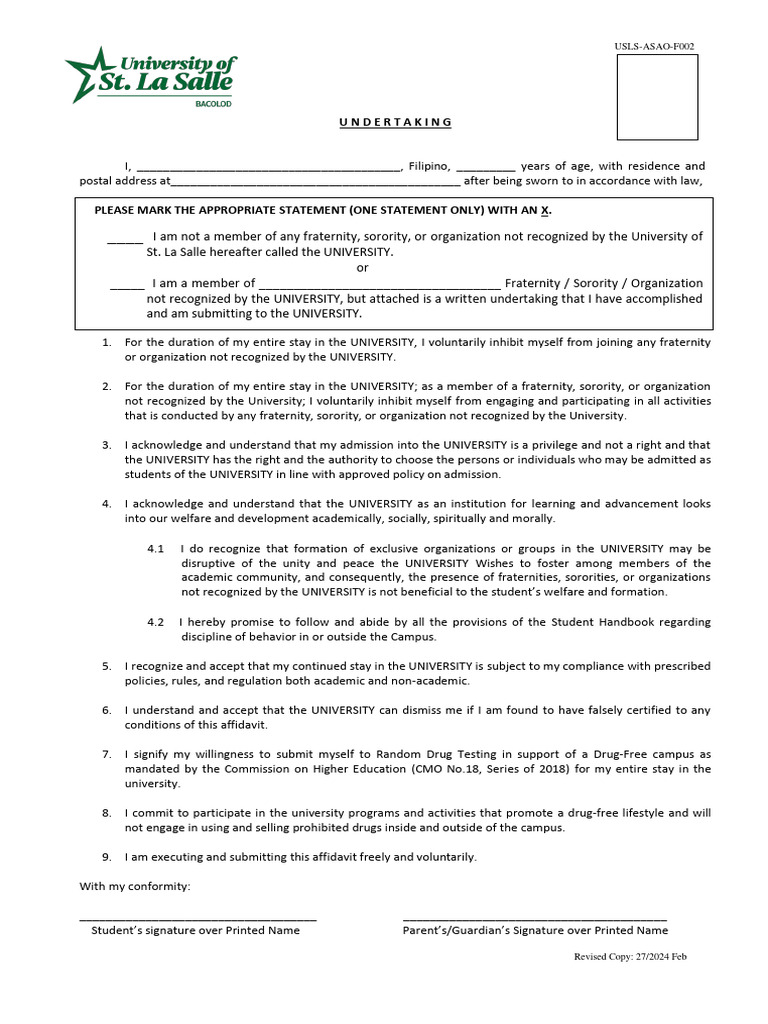 Undertaking Form (College) | PDF | Fraternities And Sororities