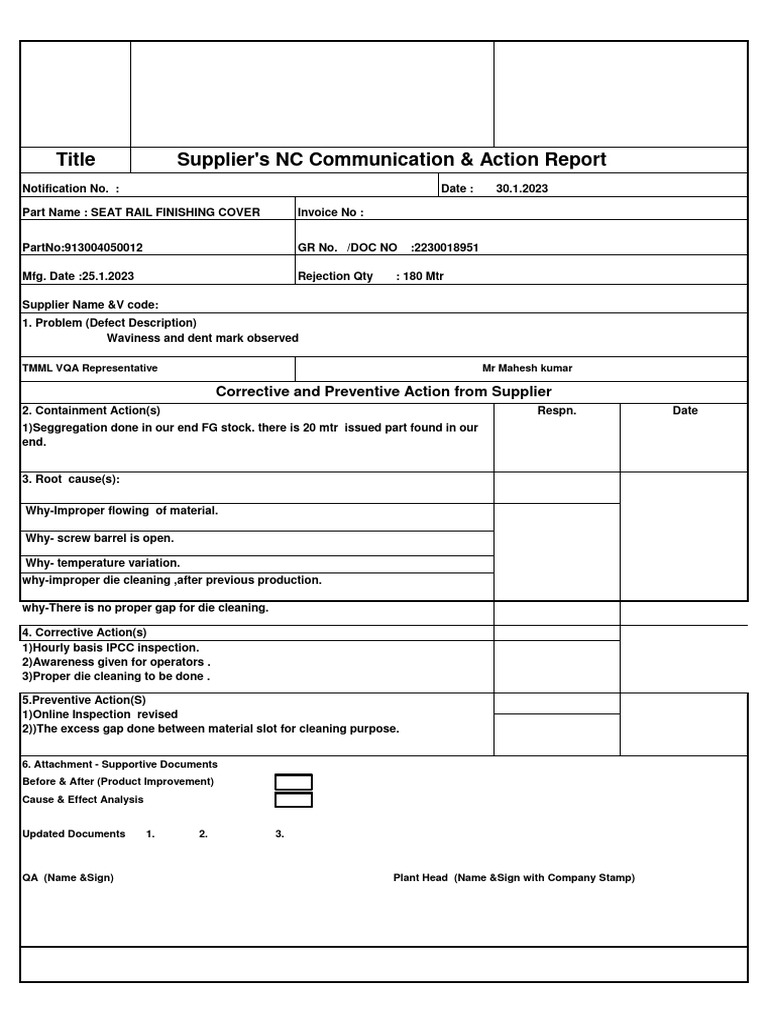 Supplier NC Action Report for Seat Rail Cover | PDF | Computers ...
