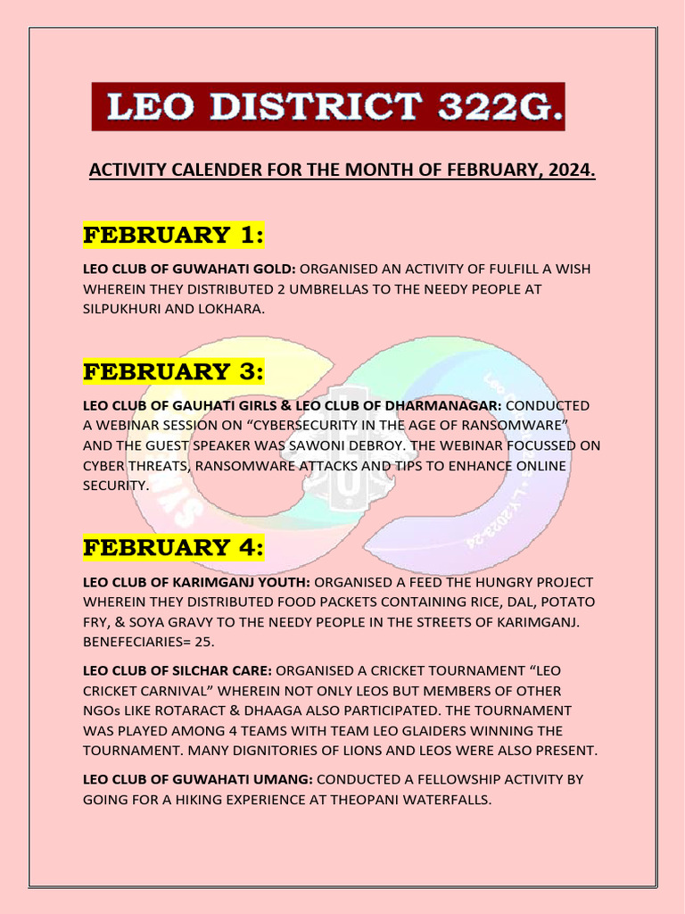 February 2024 Leo Club Activities Calendar | PDF | Medical Specialties ...