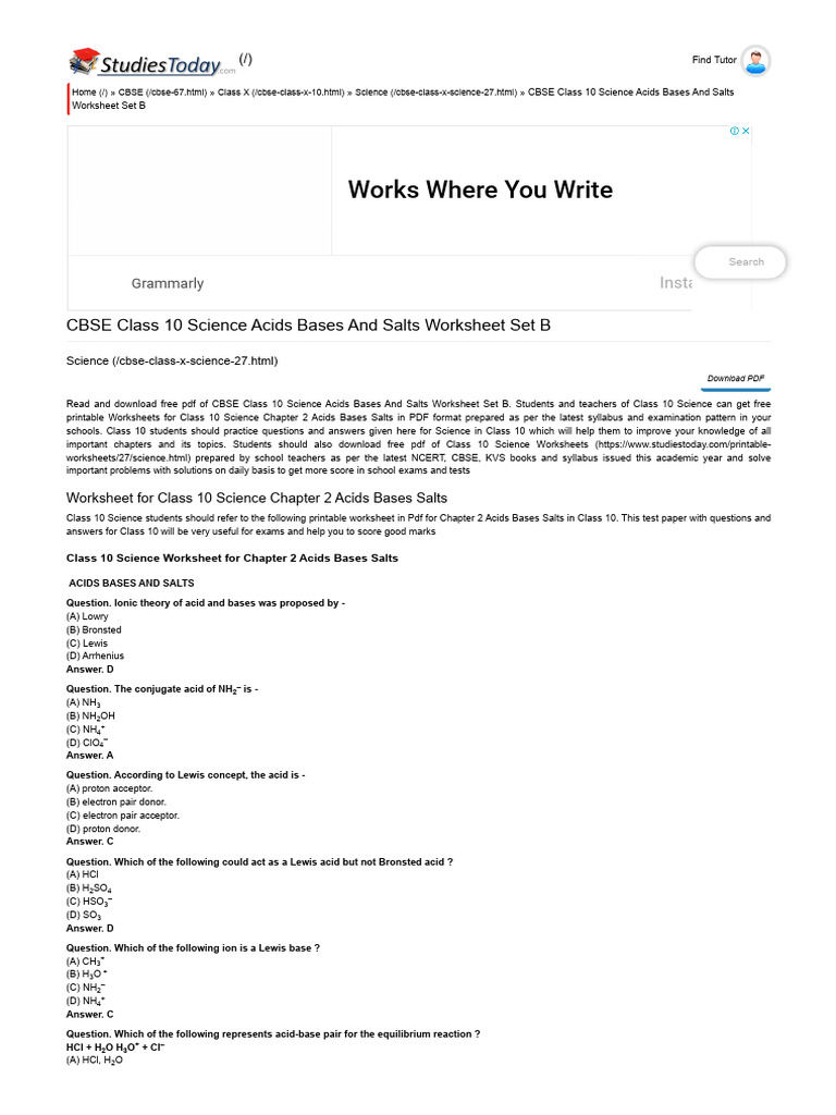 CBSE Class 10 Science Acids Bases and Salts Worksheet Set B | PDF ...